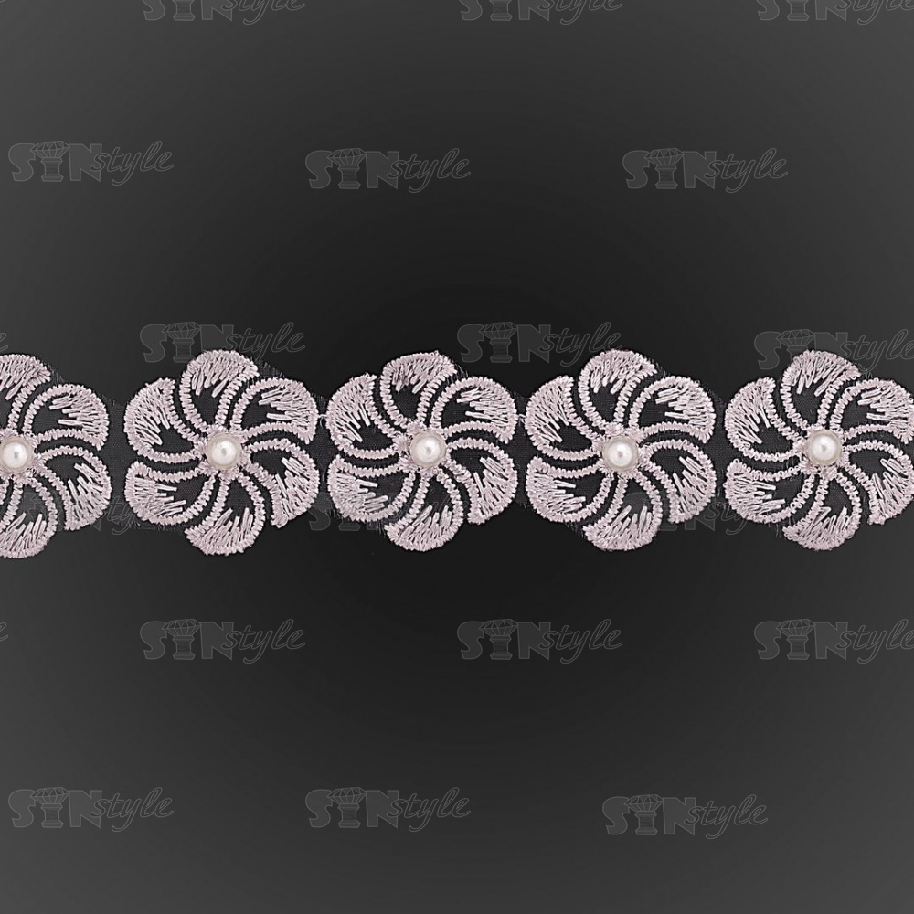 Купить Кружево "Цветочки" на капроновой ленте, ширина 35 мм, цвет серый+белые бусины, намотка 20 ...