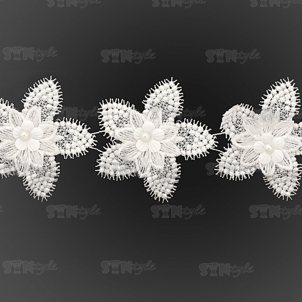 Купить Кружево Цветочное с бусинами в цвет кружева, намотка 10 ярдов, ширина 80 мм, цвет белый в ...