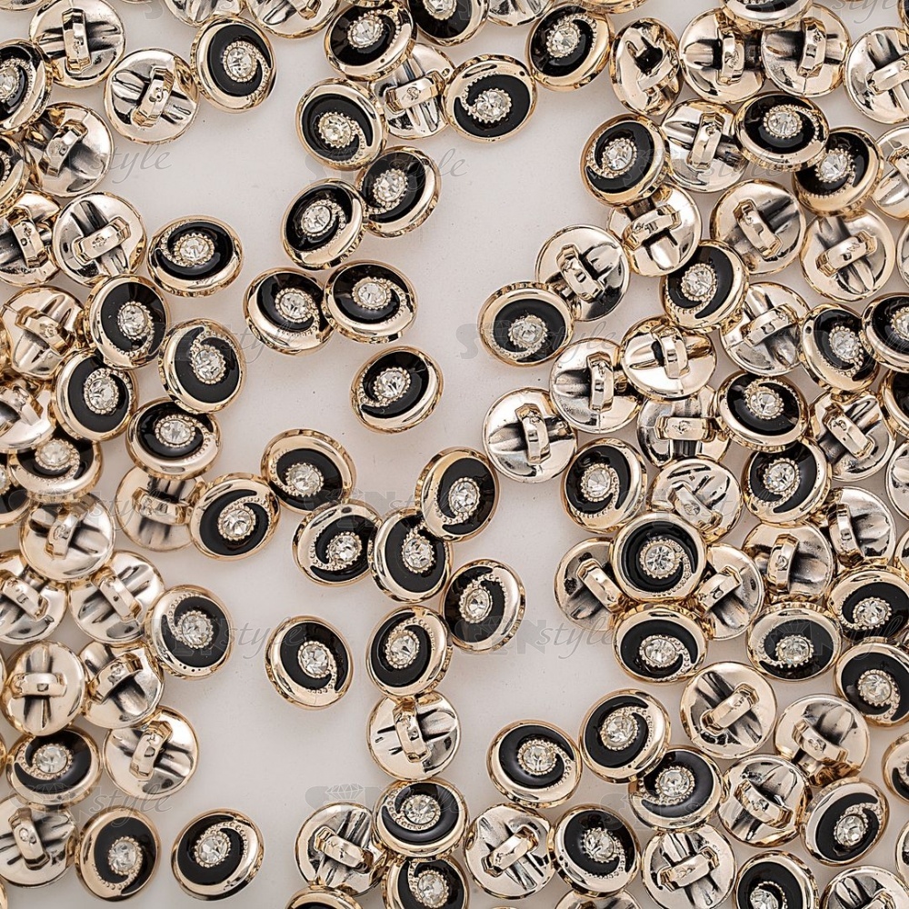 Купить Пуговица пластиковая на ножке, размер 20L, золотая основа с черной эмалью и белой стразой ...